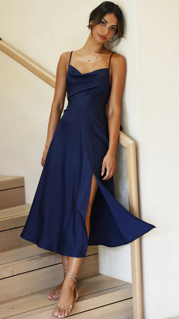 Navy Satin Slip Midi Dress – Gabi Swimwear
